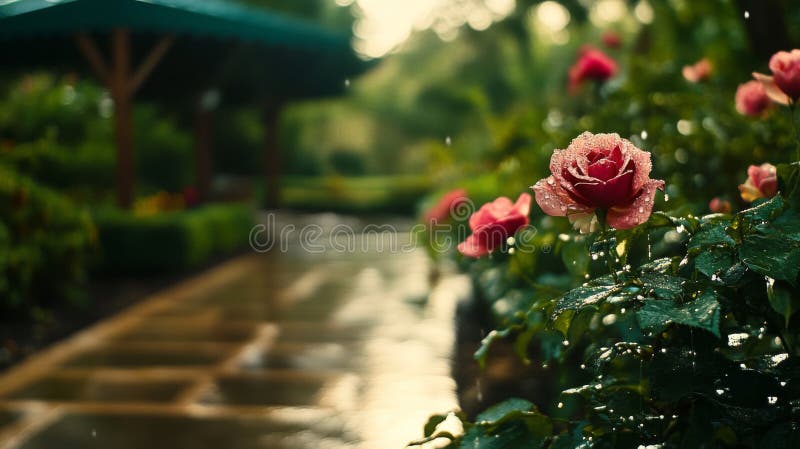 Pink and Red Roses in a Rain Garden Stock Illustration - Illustration ...