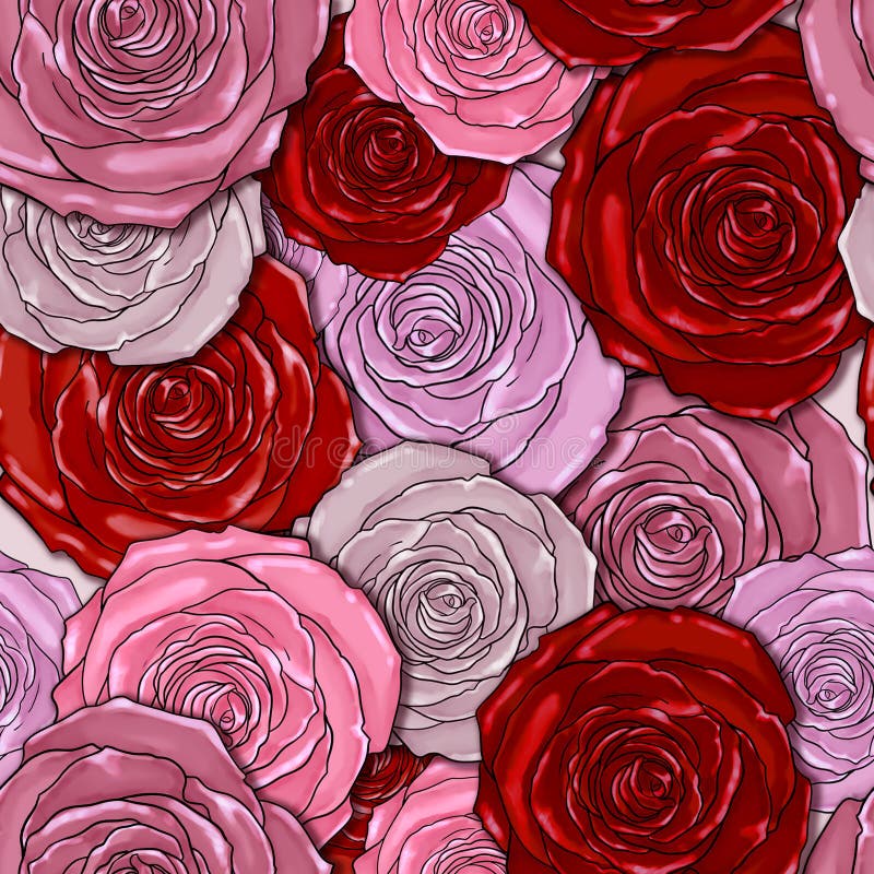 Pink and Red Roses Seamless Pattern Stock Illustration - Illustration ...