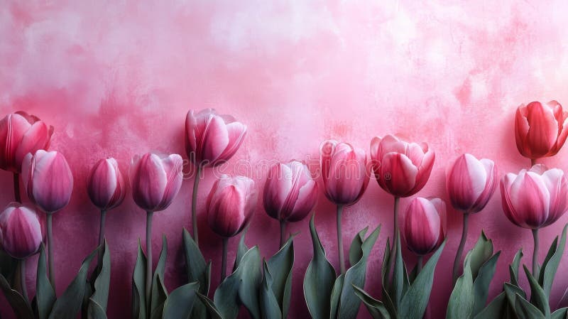 Pink and Red Tulips Floral Border on Soft Pink Background Stock ...