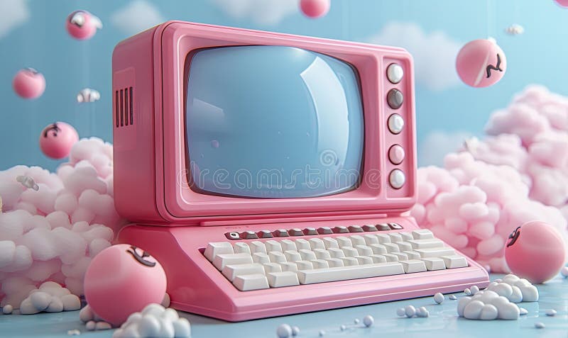 A Pink Retro Computer with a Blue Screen and a White Keyboard ...