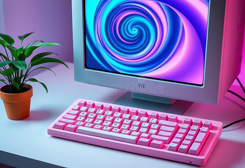 Pink Retro Computer Setup Pastel Keyboard Swirl Screen Aesthetic Stock ...