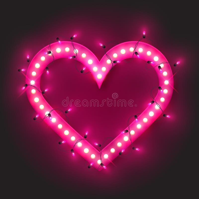 Red Retro Neon Heart Frame, Led Light Shine Garland, Vector ...