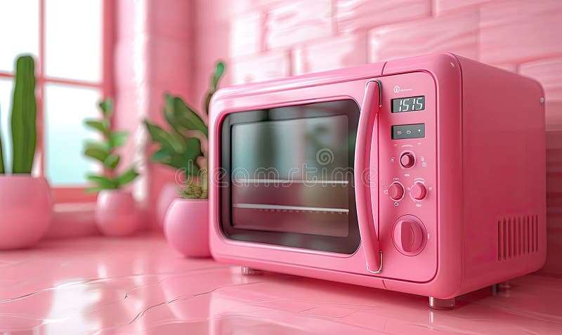 A Pink Retro-style Microwave Oven Sits on a Pink Counter in a Pink ...