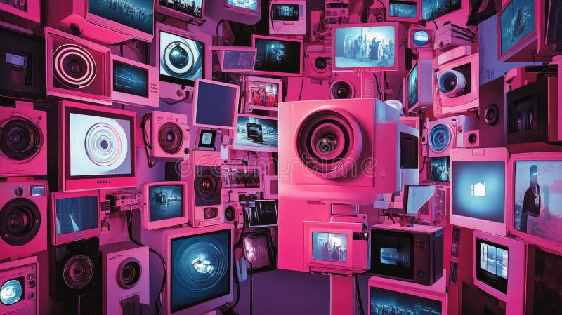 Pink Retro Tech Collage Featuring Vintage Screens, Cameras, and ...