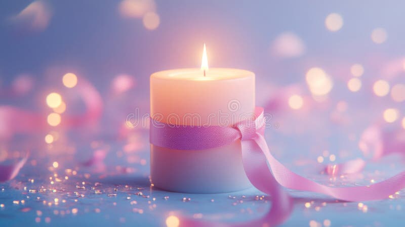 A Pink Ribbon Adorns a Lit Candle in a Festive Setting Stock ...