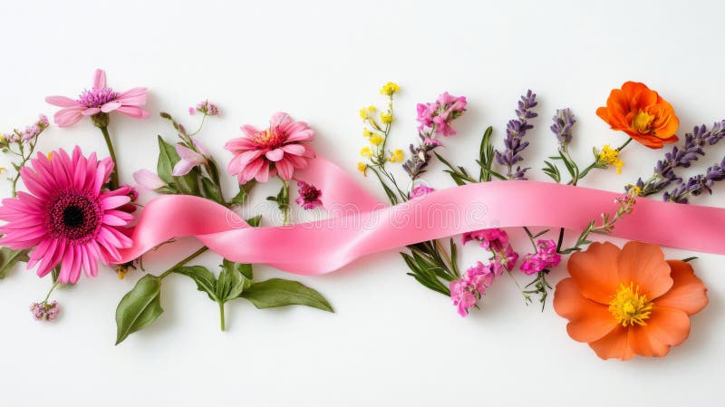Pink Ribbon and Assorted Flowers Floral Arrangement Stock Illustration ...