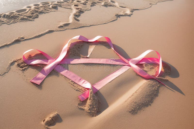 Pink Ribbon Drawn in the Sand on a Beach Stock Illustration ...