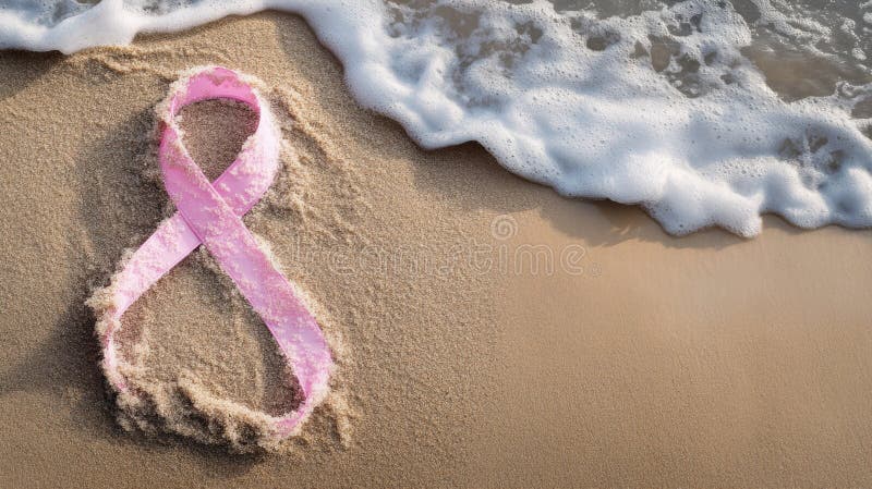 Pink Ribbon Drawn in Sand on a Beach with Foamy Wave Stock Illustration ...