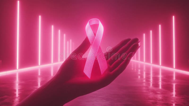 Pink Ribbon in a Hand Neon Lights Digital Art Stock Illustration ...