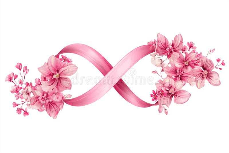 Pink Ribbon Infinity Shape with Blooming Flowers on a White Background ...