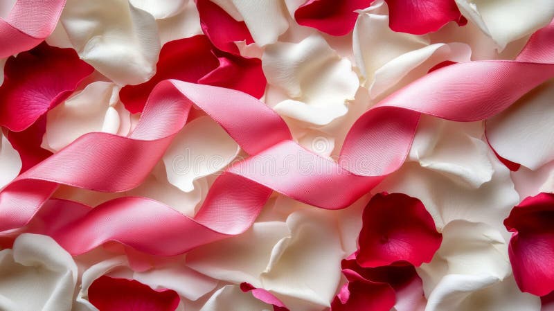 Pink Ribbon on White and Red Rose Petals Stock Illustration ...