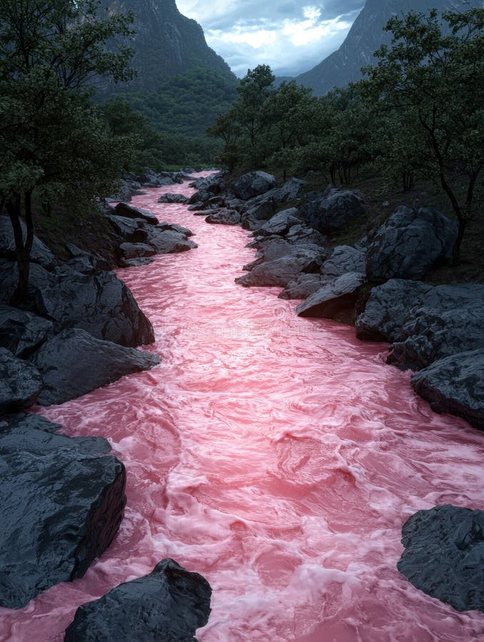 Pink River Flowing through a Mountain Valley Stock Illustration ...