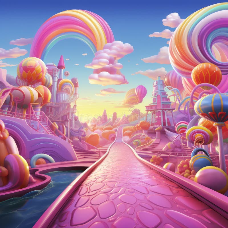 A Pink Road with Candy Land and Rainbows Stock Photo - Image of jungle ...