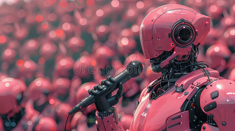 Pink Robot with Microphone in Front of Crowd of Robots Stock ...