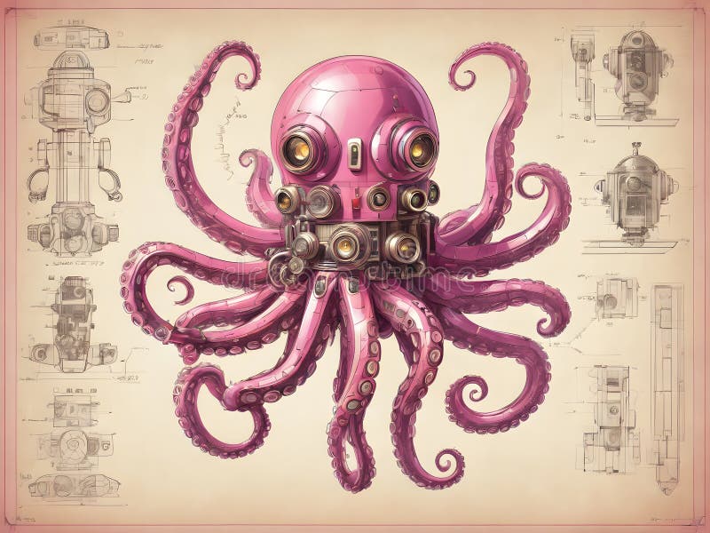 Pink Robotic Octopus Design Blueprint Illustration Steampunk Mechanical ...