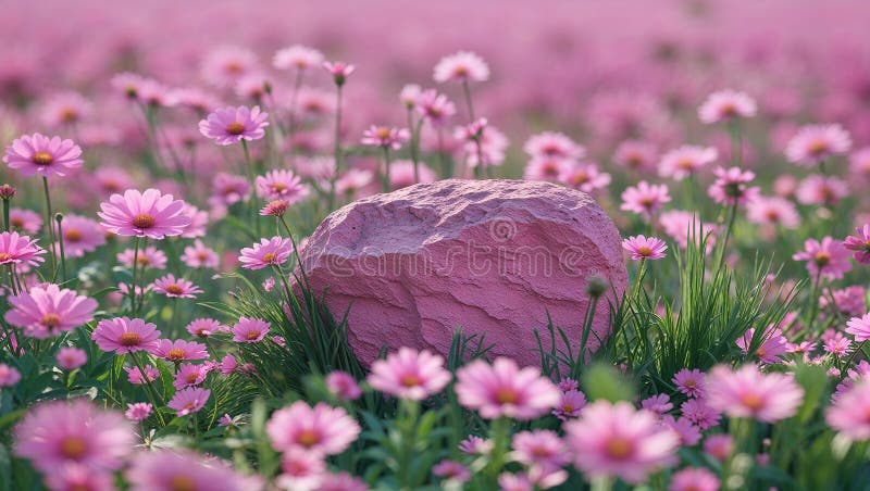 Pink Rock Standing in a Field of Pink Flowers Stock Illustration ...