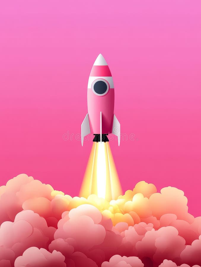A Pink Rocket Blasts Off through a Pink Sky Symbolizing a New Business ...
