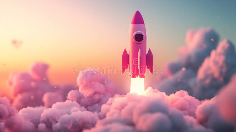 Pink Rocket Launching through Colorful Clouds at Sunset. Imagination ...