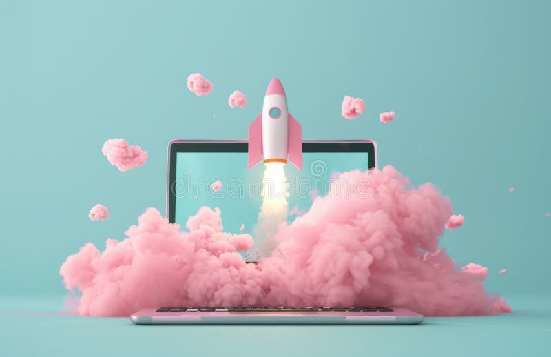 Pink Rocket Launching from Laptop Screen with Cloud of Smoke Against ...