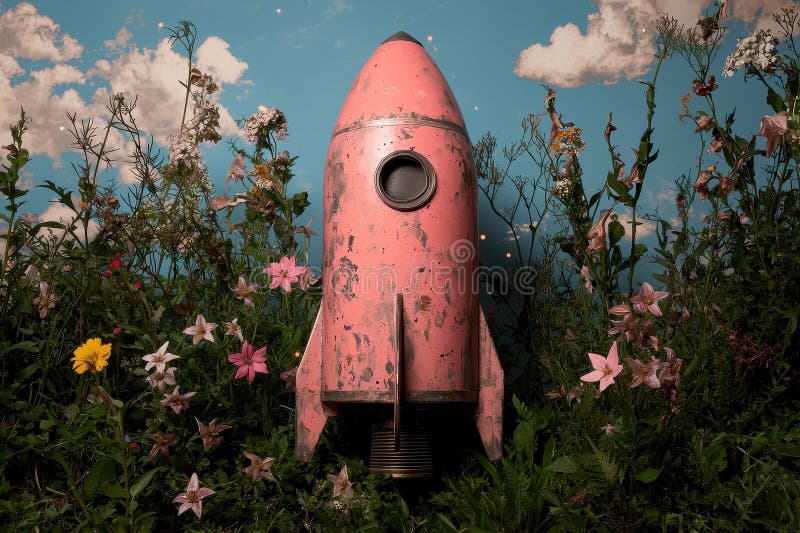 Pink Rocket Ship in a Field of Flowers Stock Illustration ...