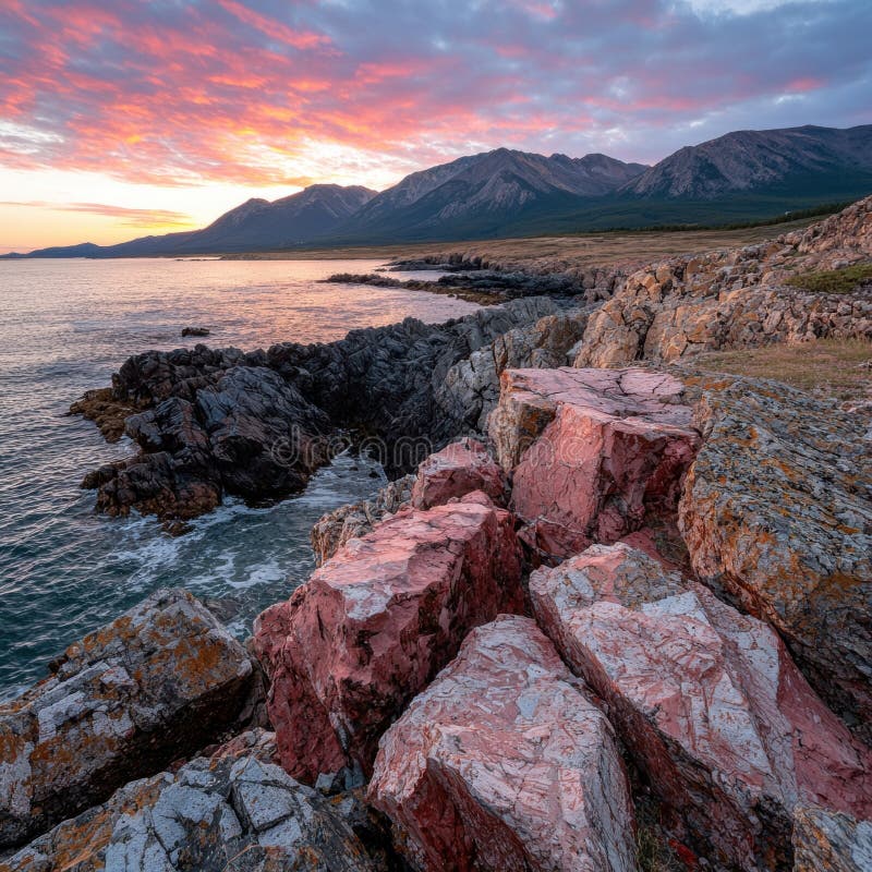 Pink Rocks on the Coast at Sunset Stock Illustration - Illustration of ...