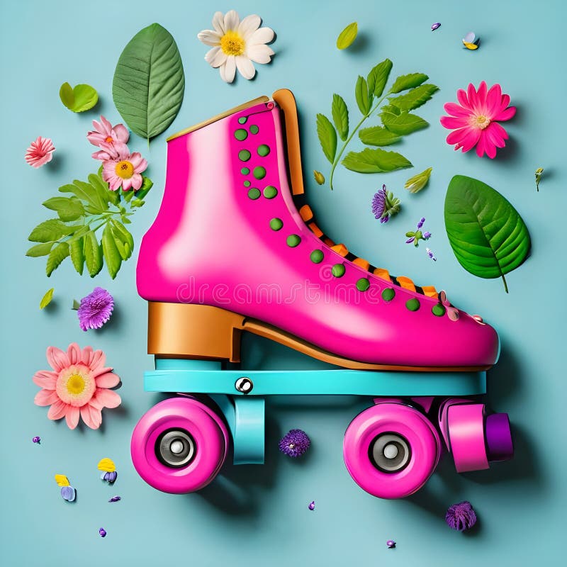 Pink Roller Skates with Flowers and Leaves on Blue Background Stock ...