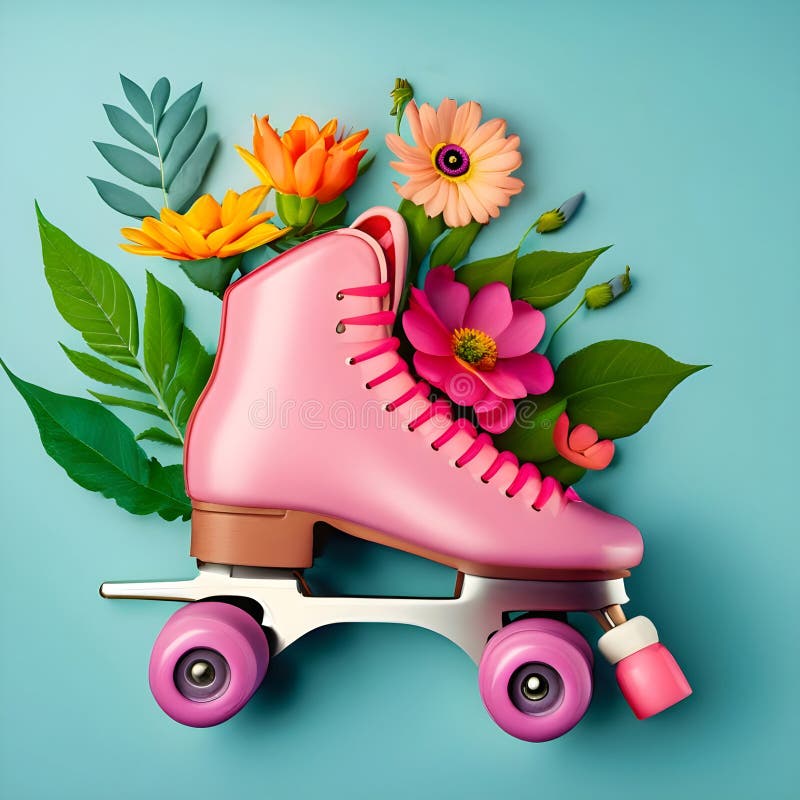 Pink Roller Skates with Flowers and Leaves on Blue Background Stock ...