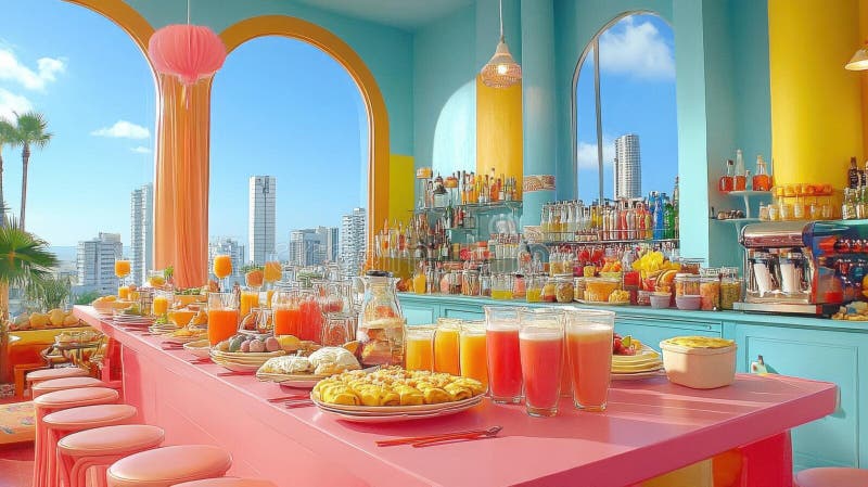 Pink Rooftop Brunch, City Views Stock Illustration - Illustration of ...