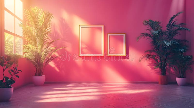 Pink Room Interior Design with Palm Trees and Sunlight 3D Illustration ...