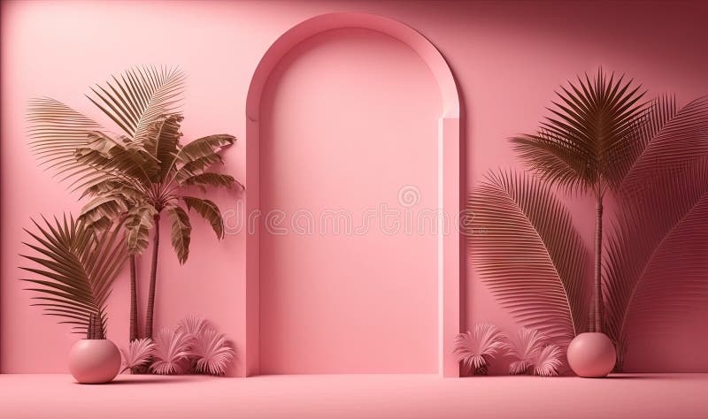 A Pink Room with Palm Trees and Vases on the Floor Stock Illustration ...