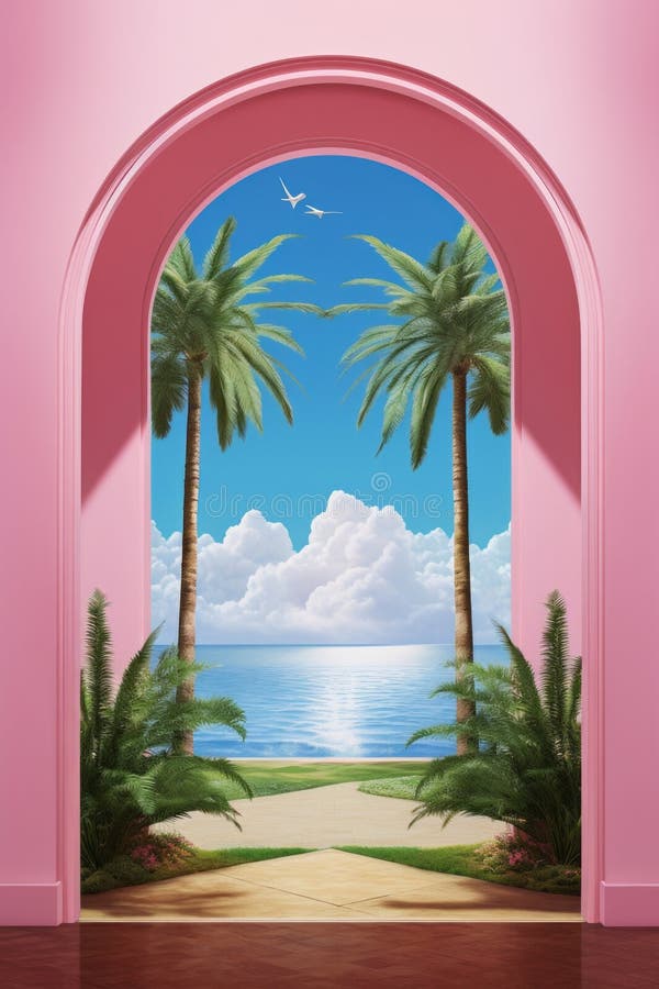 A Pink Room with Palm Trees and a View of the Ocean Stock Illustration ...