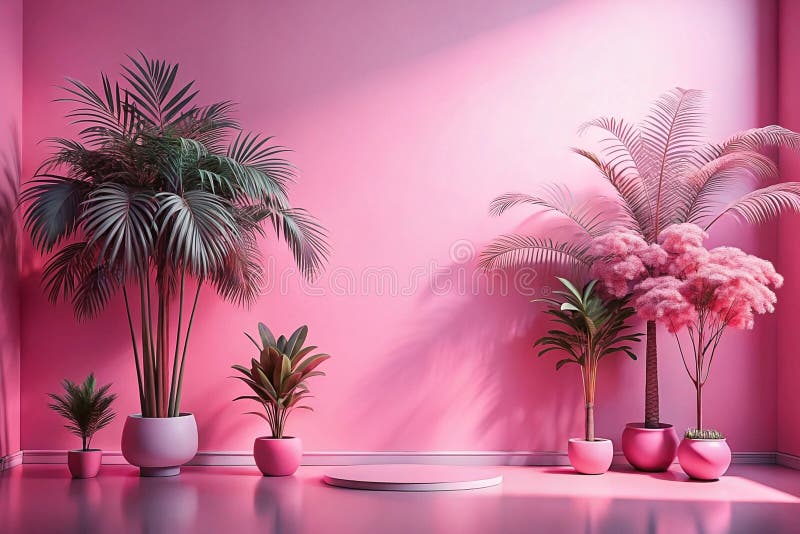 Pink Room, Plants, Podium, Sunlight, Product Display Stock Photo ...