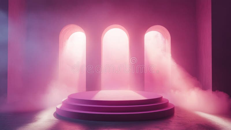 Pink Room Stage with Three Arches and Light Beams Stock Illustration ...