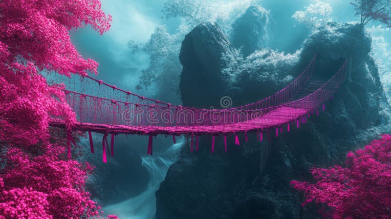 Pink Rope Bridge Across Misty Gorge between Cliffs Stock Illustration ...