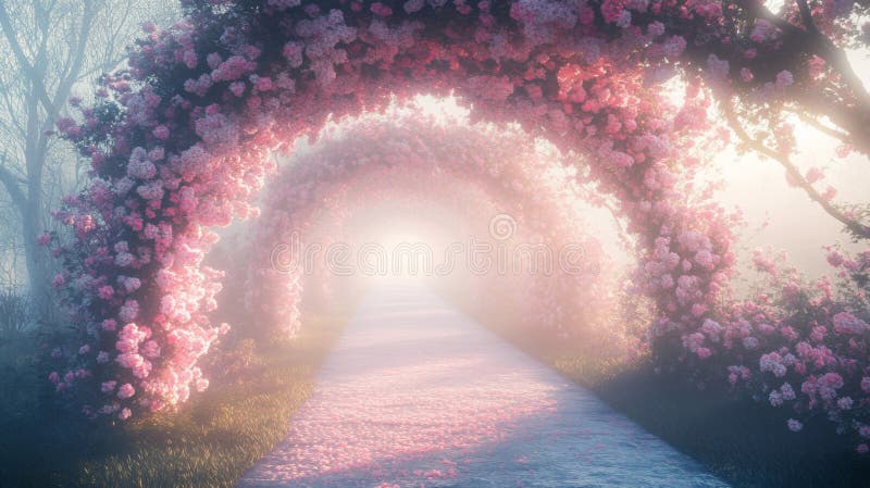 Pink Rose Archway Pathway Leads To Bright Light Stock Illustration ...