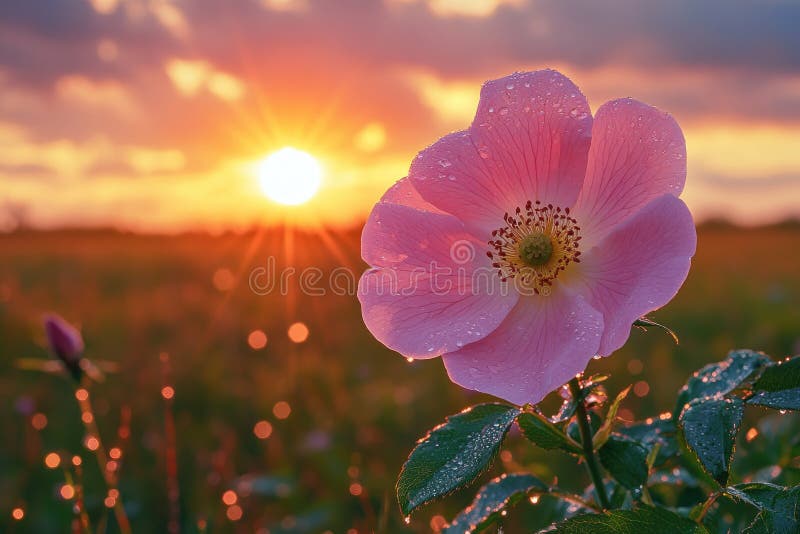 Pink Rose Blooming in Meadow at Sunset with Dew Drops Stock ...