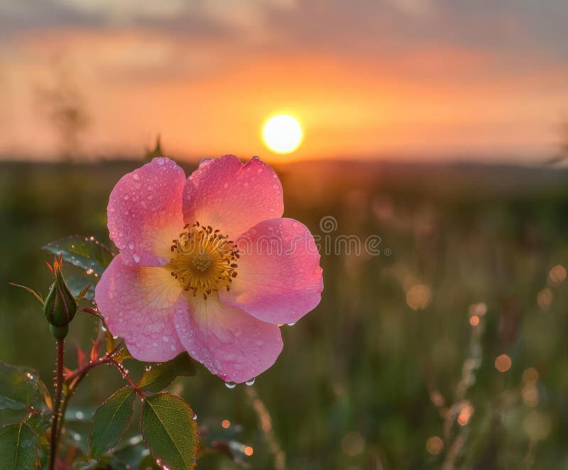 Pink Rose Blooming in Sunrise Light with Dew Drops Stock Illustration ...