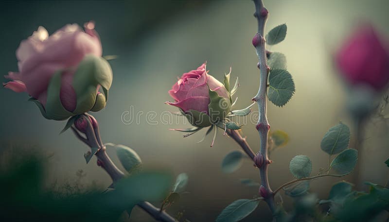 A Pink Rose Budding in a Bush with Green Leaves and a Blurry Backround ...