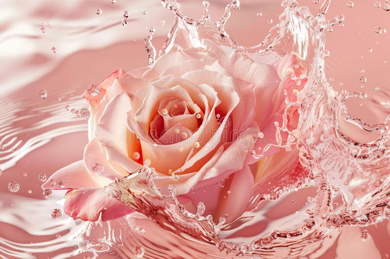 Pink Rose with Droplets, Champagne Wine Splash Exploding in Liquid ...