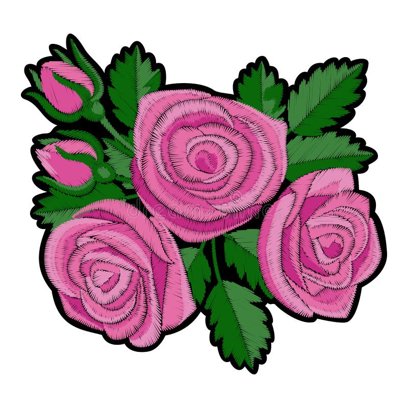 Pink Rose Embroidery Patch stock vector. Illustration of branch - 98711808