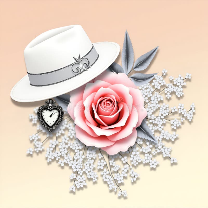 Pink Rose with Fedora Hat and Heart-Shaped Pocket Watch Stock ...