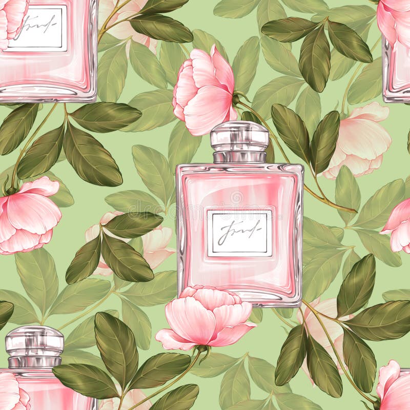 Pink Rose Flowers and Perfume Bottle. Floral Seamless Pattern. Stock ...