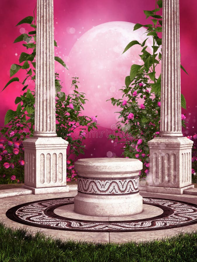 Pink garden with curtains stock illustration. Illustration of green ...