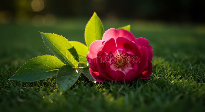 Pink Rose on Green Grass in Sunlight Stock Illustration - Illustration ...