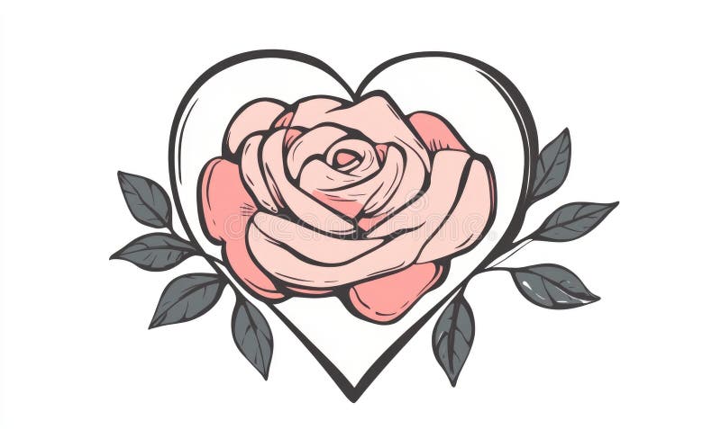 A Pink Rose with Green Leaves is Drawn in a Heart Shape Stock ...