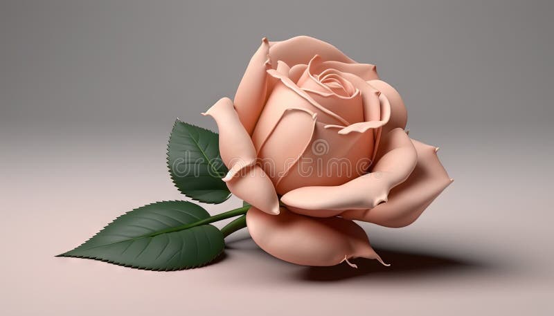 A Pink Rose with Green Leaves on a Gray Background with a Shadow Stock ...