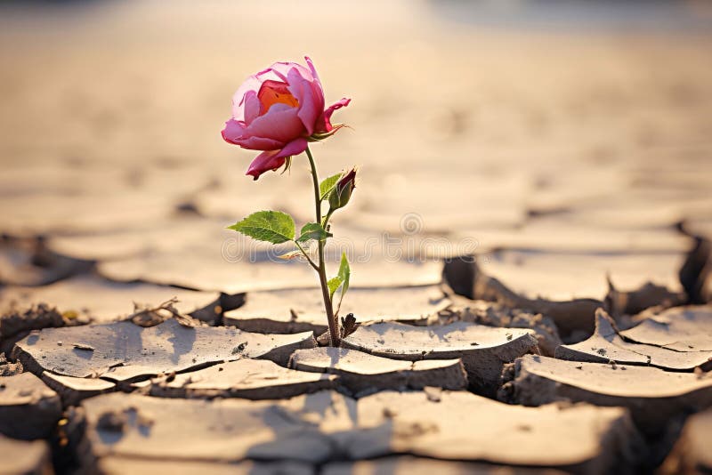 Pink Rose Growing on Cracked Earth. Concept of Drought and Global ...