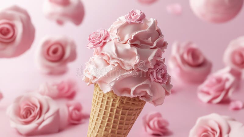 Pink Rose Ice Cream Cone with Floating Roses in Background. Generative ...