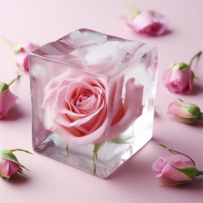 Pink Rose in Ice Cube on a Pink Background. Ai Generative Stock Photo ...