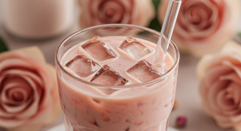 Pink Rose Iced Tea with Ice Cubes and Roses Stock Illustration ...